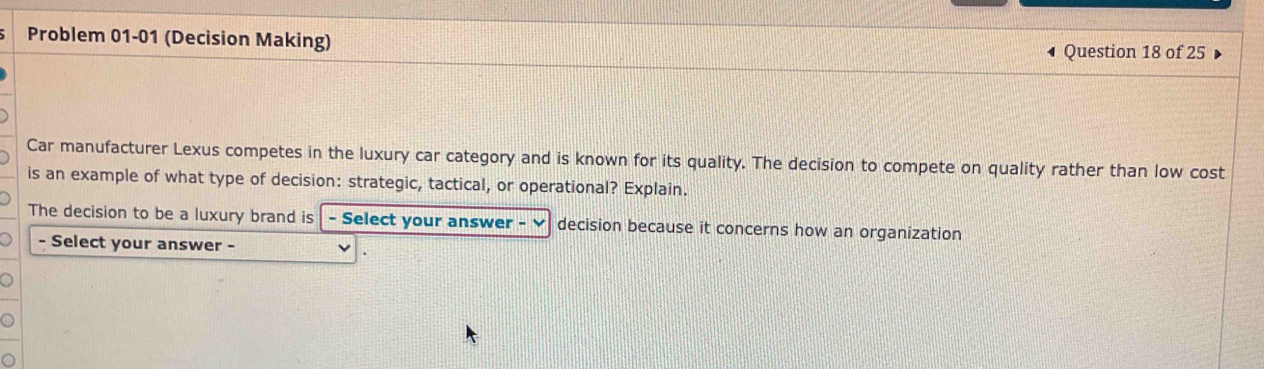 Solved Problem 01-01 (Decision Making)Car manufacturer Lexus | Chegg.com