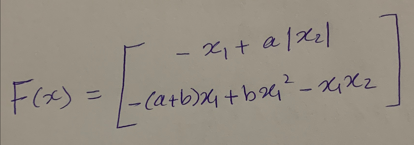 Solved F(x)=[-x1+a|x2|-(a+b)x1+bx12-x1x2]Find Lipschitz | Chegg.com