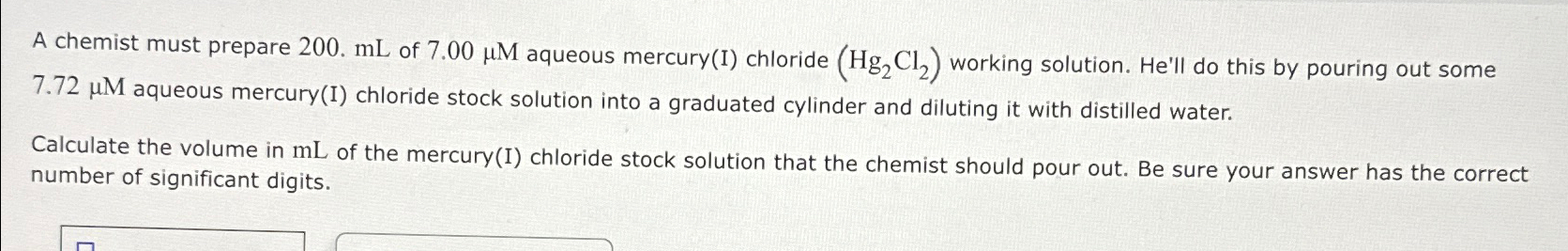 Solved A chemist must prepare 200.mL of 7.00\\\\mu M aqueous | Chegg.com
