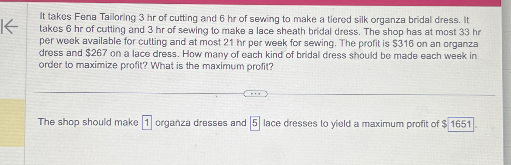 Solved It takes Fena Tailoring 3hr ﻿of cutting and 6hr ﻿of | Chegg.com