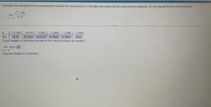 Solved limx→−4x+4x3−16x ype integers or decir f(x)= | Chegg.com