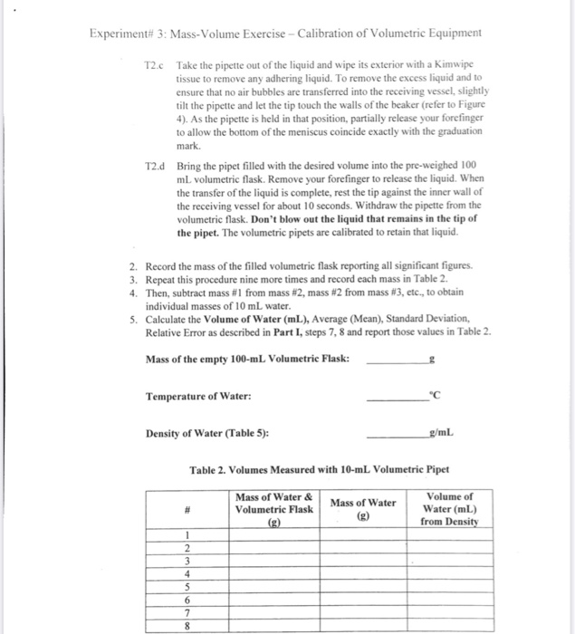 Experiment# 3: Mass-Volume Exercise - Calibration of | Chegg.com