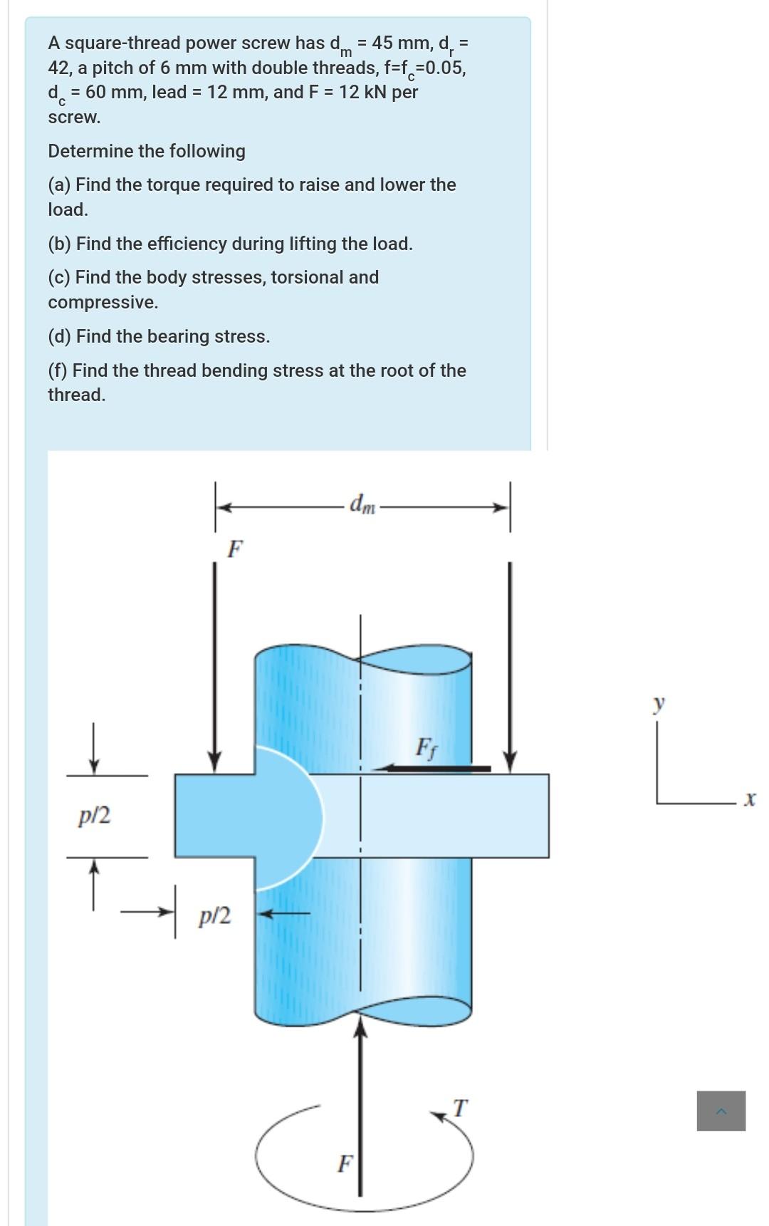 Solved A square-thread power screw has dm = 45 mm, d, - 42, | Chegg.com