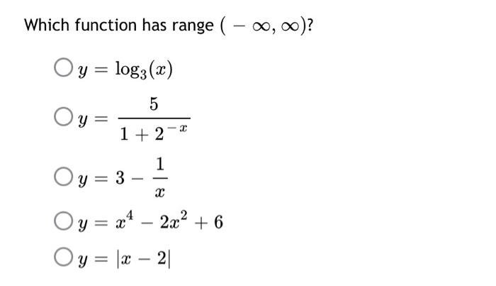 Solved Which function has range ( - 00,00)? Oy = log2 (2) 5 | Chegg.com