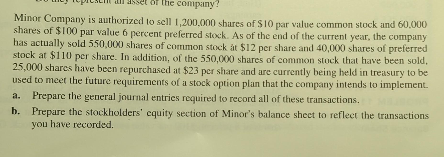 Solved Minor Company is authorized to sell 1,200,000 shares | Chegg.com