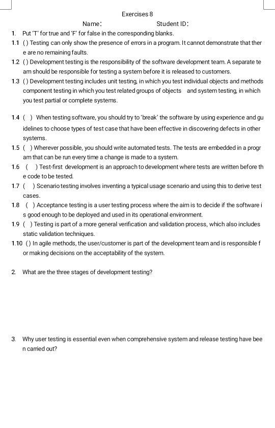 Solved Exercises 8 Name: Student ID: 1. Put 'T' for true and | Chegg.com