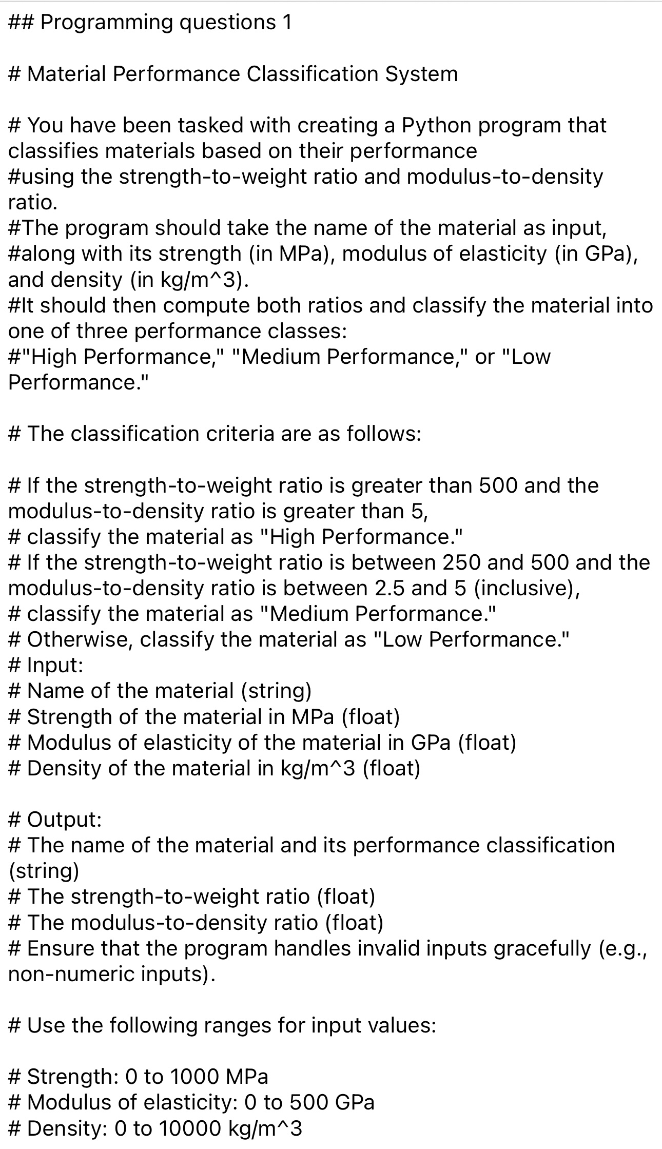 Solved ## Programming questions 1# Material Performance | Chegg.com