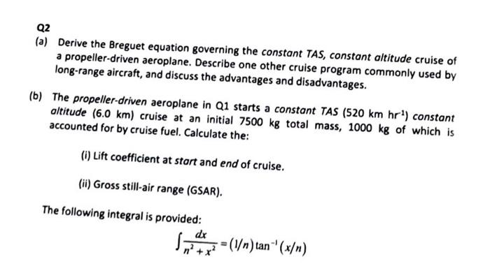 Solved Q2 (a) Derive the Breguet equation governing the | Chegg.com