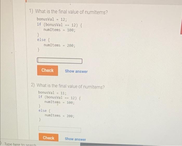 Solved 1) What is the final value of numltems? bonusval 12; | Chegg.com