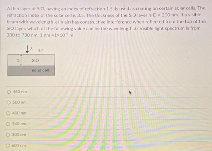 A thin layer of SiO, having an index of refraction | Chegg.com