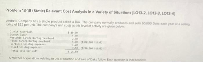 Solved Problem 13-18 (Static) Relevant Cost Analysis in a | Chegg.com