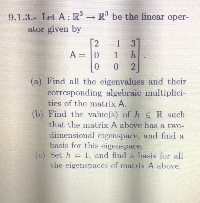 Solved 9.1.3.- Let A:R3→R3 be the linear operator given by | Chegg.com