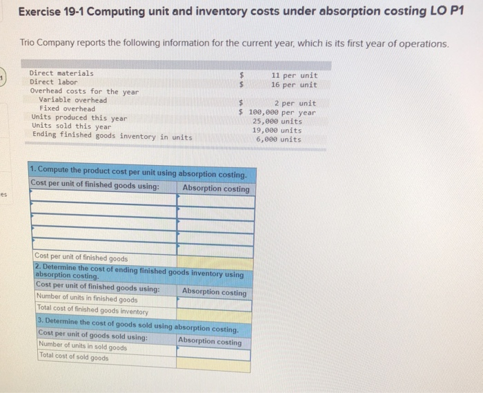 Solved Exercise 19-1 Computing unit and inventory costs | Chegg.com Solved Exercise 19-1 Computing unit and inventory costs | Chegg.com