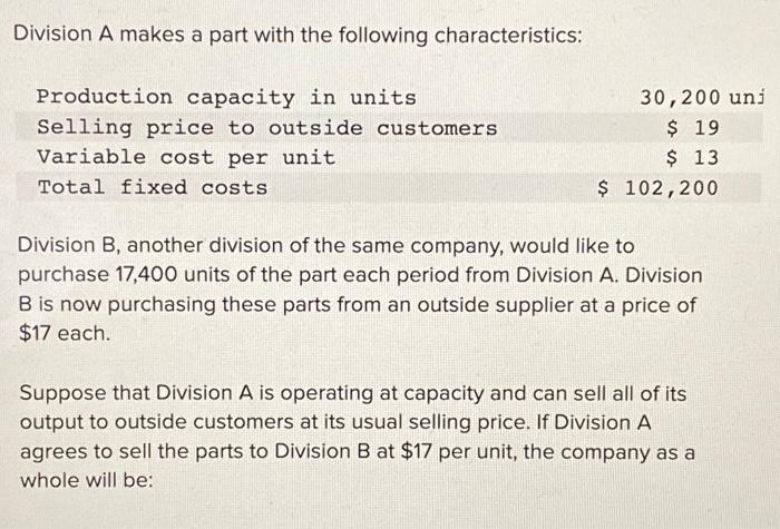Solved Division A makes a part with the following | Chegg.com
