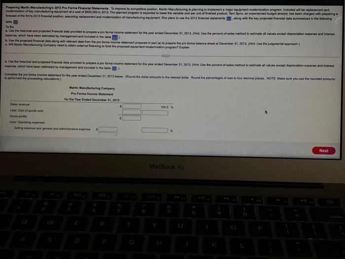 Preparing Martin Manufacturing's 2013 Proforma | Chegg.com