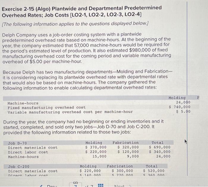 Solved Exercise 2-15 (Algo) Plantwide and Departmental | Chegg.com