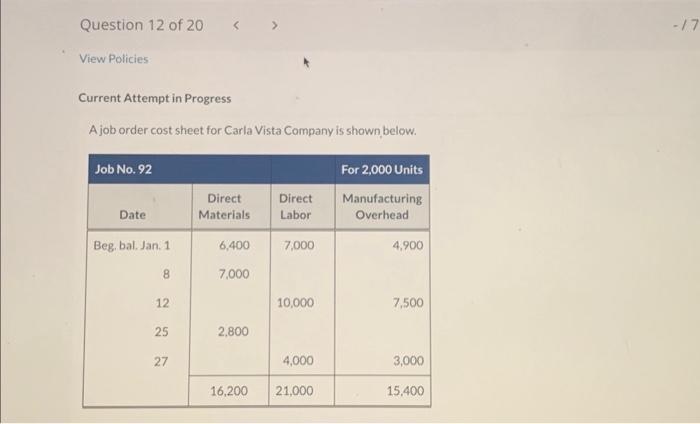 Solved Current Attempt in Progress A job order cost sheet | Chegg.com