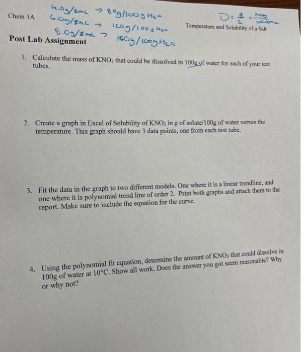 Solved 1. Calculate the mass of KNO3 that could be dissolved | Chegg.com