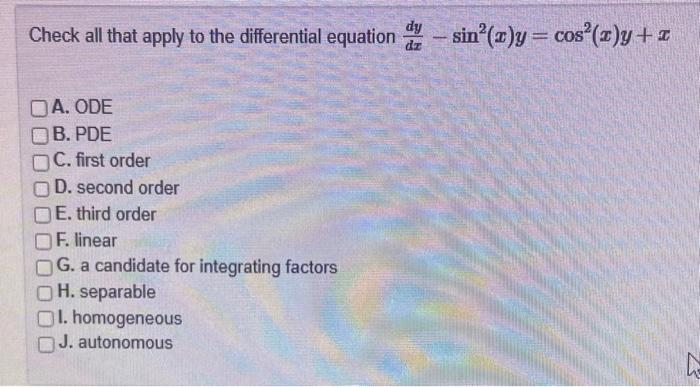 Solved Check all that apply to the differential equation | Chegg.com