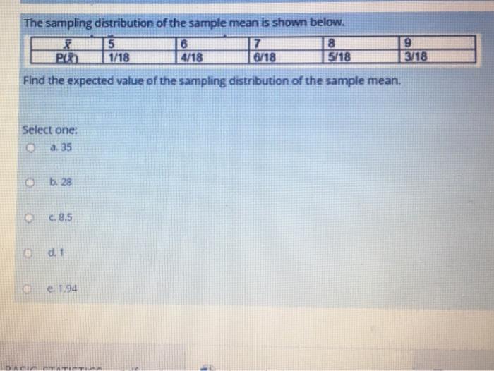 Solved The sampling distribution of the sample mean is shown | Chegg.com