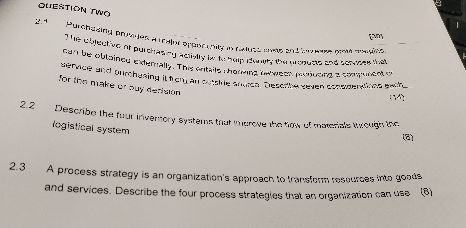 Solved QUESTION TWO2.1 ﻿Purchasing provides a major | Chegg.com