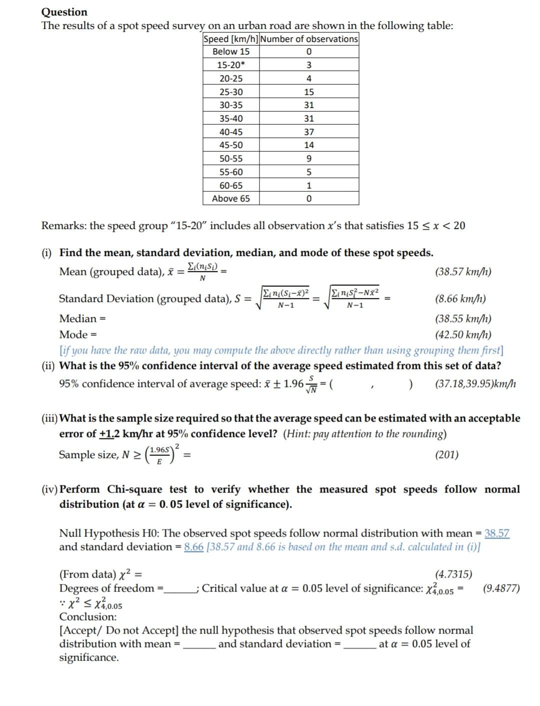 Solved Question The results of a spot speed survey on an | Chegg.com