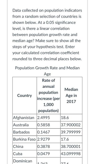 Solved Data collected on population indicators from a random | Chegg.com