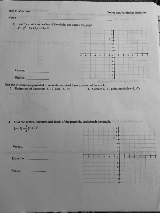 Solved GSE PreCalculus Circles and Parabolas Handout Name 1. | Chegg.com