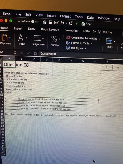 Solved Excel File Edit View Insert Format Tools Data Window | Chegg.com