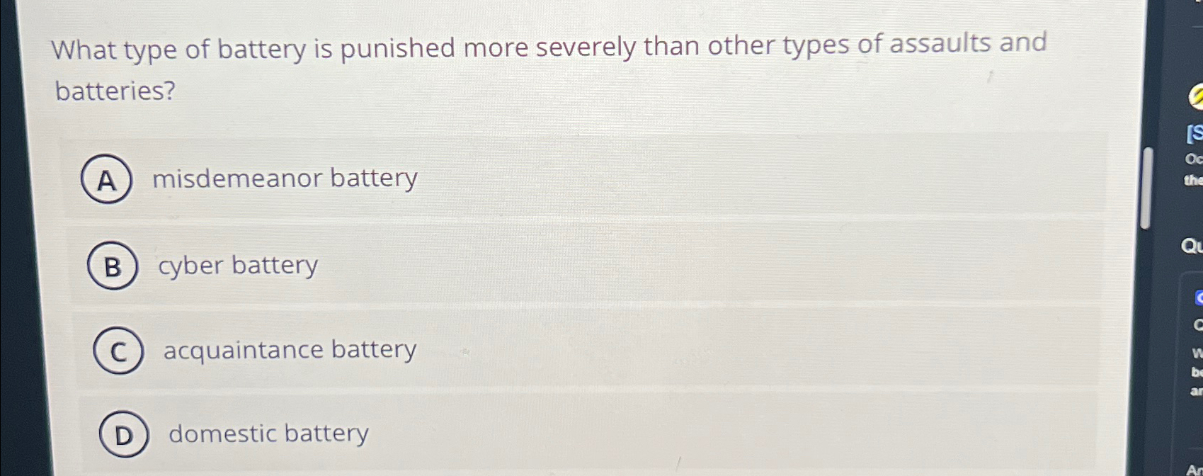 Solved What type of battery is punished more severely than | Chegg.com