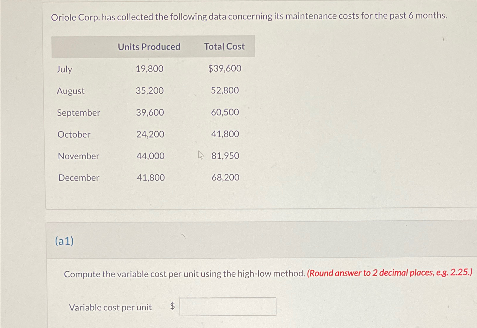 Solved Oriole Corp. has collected the following data | Chegg.com
