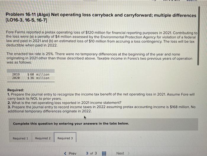 Solved Problem 16-11 (Algo) Net operating loss carryback and | Chegg.com