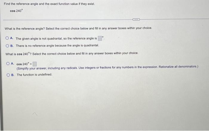 Solved Find the reference angle and the exact function value | Chegg.com