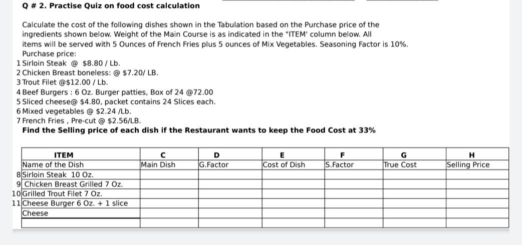 Solved Q # 2. Practise Quiz on food cost calculation | Chegg.com