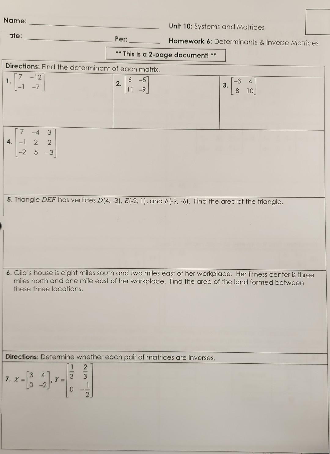 Solved Name: Unit 10: Systems and Matrices Ite: Per: | Chegg.com
