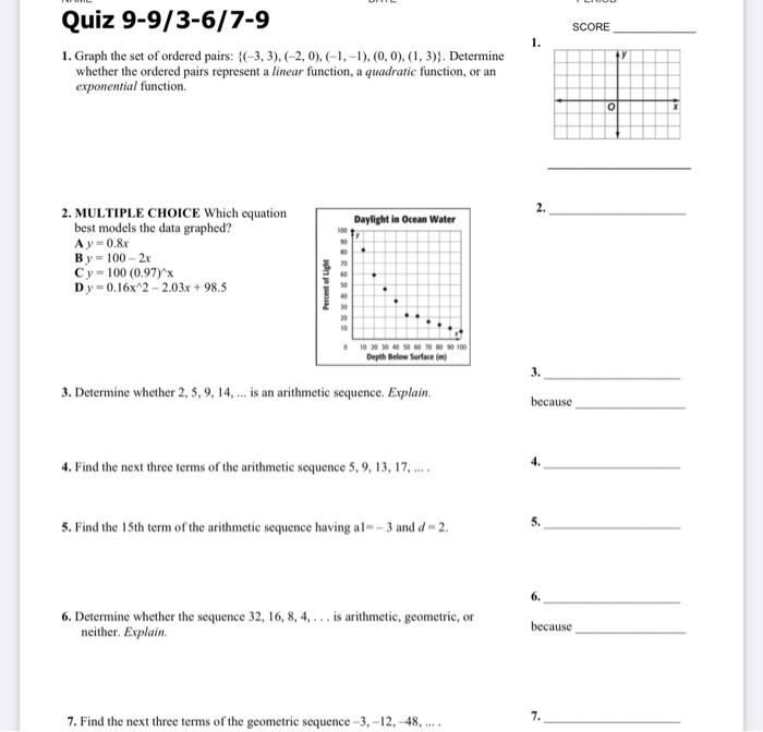 Solved SCORE 1. Quiz 9-9/3-6/7-9 1. Graph the set of ordered | Chegg.com