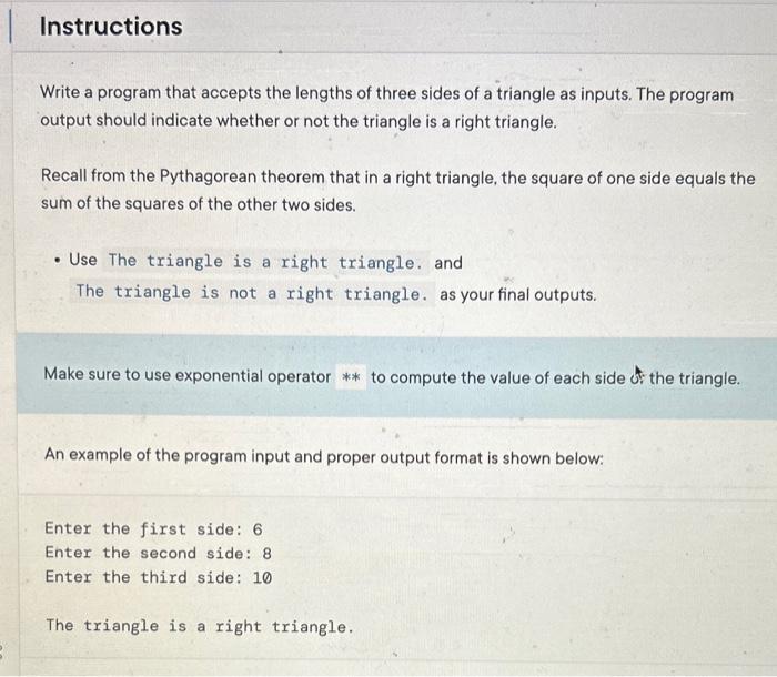 Solved Instructions Write a program that accepts the lengths | Chegg.com