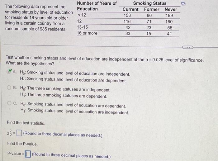 Solved The following data represent the smoking status by | Chegg.com