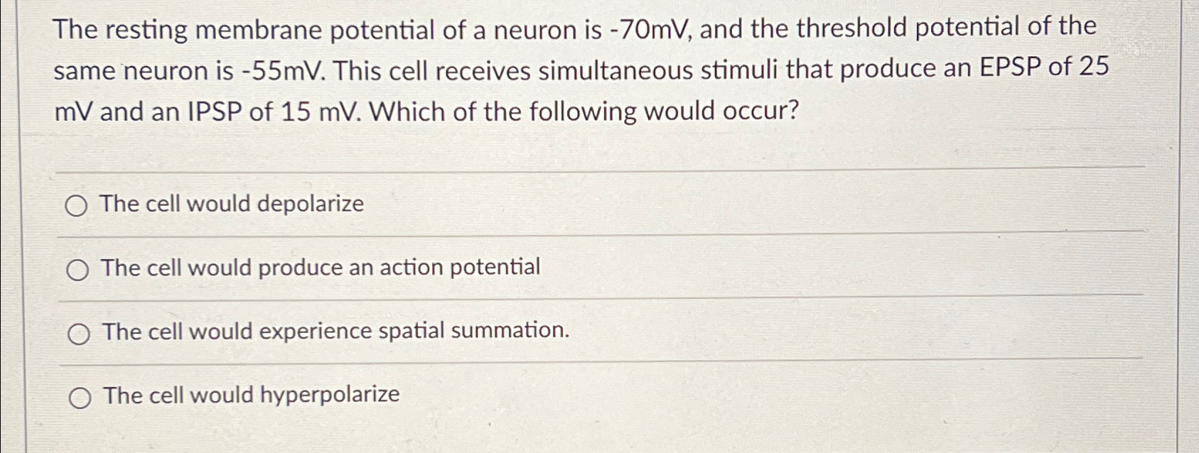 Solved The resting membrane potential of a neuron is -70mV, | Chegg.com