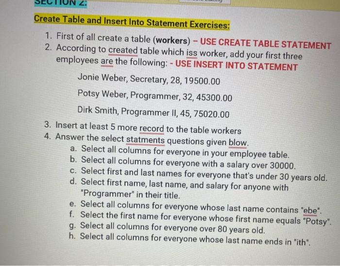 Create Table and Insert Into Statement Exercises: 1. | Chegg.com