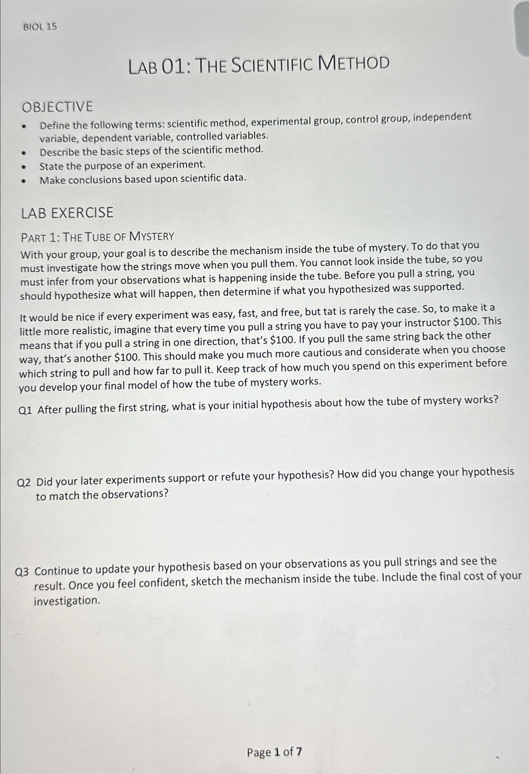 Solved BIOL 15LAB 01: THE SCIENTIFIC METHODOBJECTIVEDefine | Chegg.com