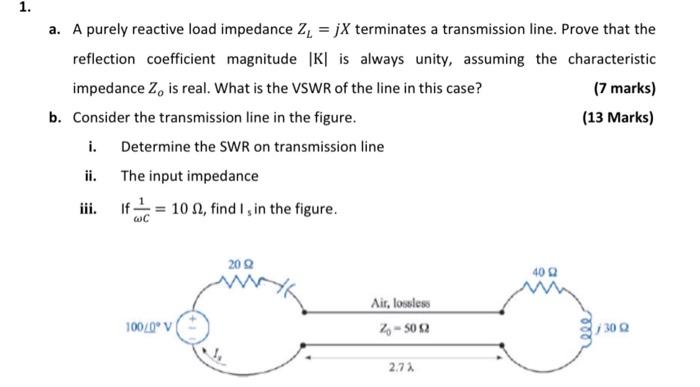 [Solved]: a. A purely reactive load impedance ( Z_{L}=j X