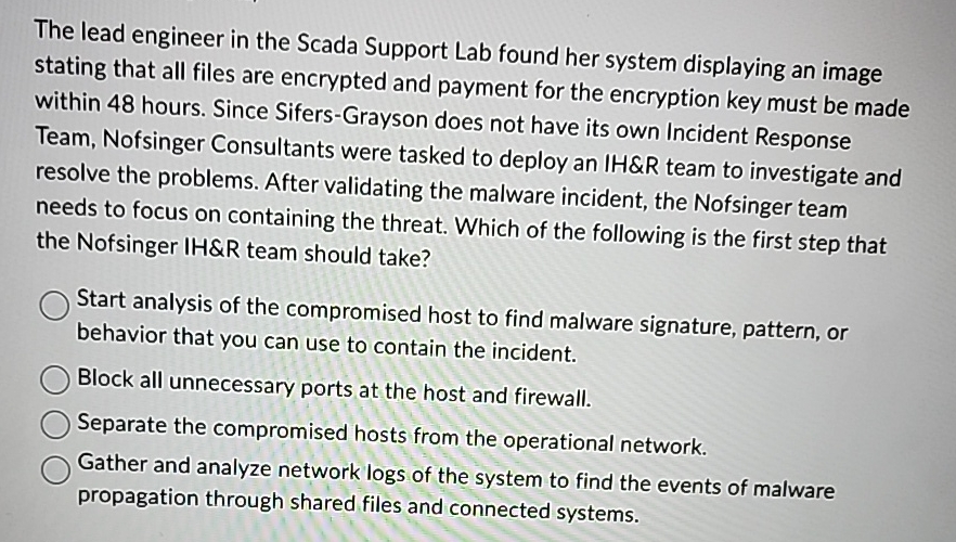 Solved The lead engineer in the Scada Support Lab found her | Chegg.com