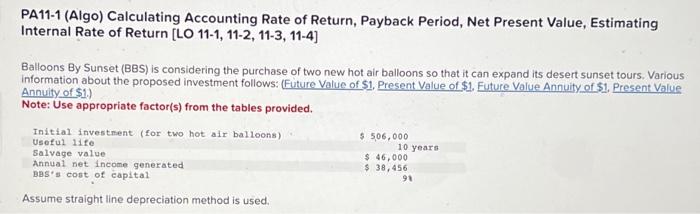 Solved PA11-1 (Algo) Calculating Accounting Rate of Return, | Chegg.com