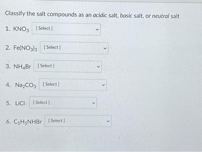 Solved Classify the salt compounds as an acidic salt, basic | Chegg.com