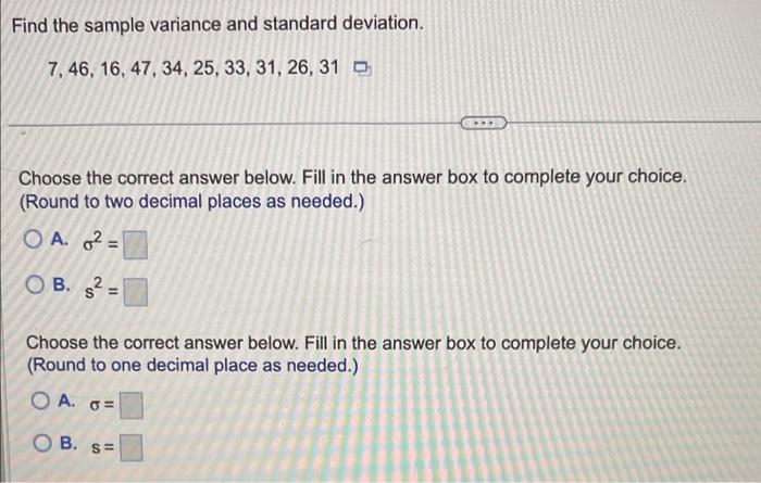 Solved Find the sample variance and standard deviation. | Chegg.com