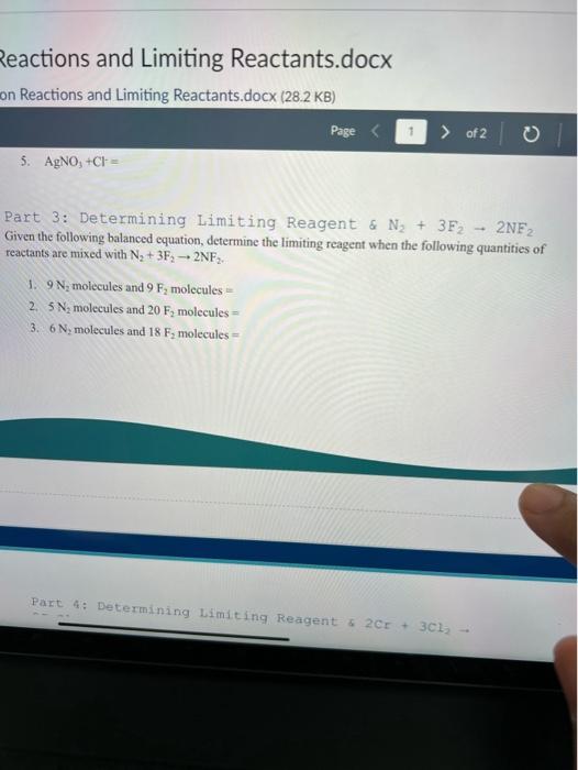 Solved Part 3: Determining Limiting Reagent \& N2+3 F2→2NF2 | Chegg.com