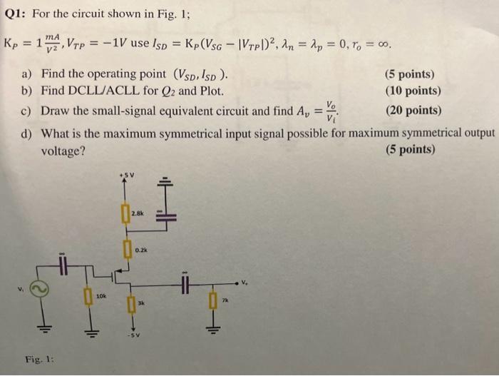 Solved Q1: For the circuit shown in Fig. 1; KP=1V2mA,VTP=−1V | Chegg.com
