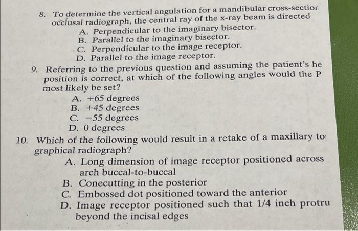Solved 8. To determine the vertical angulation for a | Chegg.com