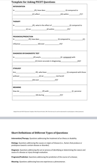 Solved Template for Asking PICOT Questions INTERVENTION in | Chegg.com